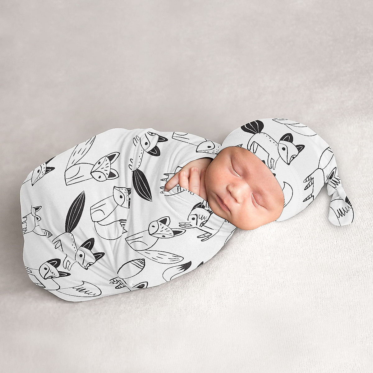 Sweet Jojo Designs Woodland Fox Baby Boy or Girl Cocoon and Beanie Hat Set Jersey Stretch Knit Sleeping Bag for Infant Newborn Nursery Sleep Wrap Sack - Black and White Forest Animal Gender Neutral