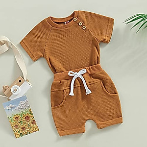 Newborn Baby Boy Girl Summer Outfits Solid Ribbed Knit Cotton Short Sleeve T-Shirt Top+Drawstring Shorts Clothes (Knit Set Caramel, 2-3 Years)