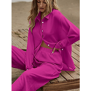 Floerns Women's 2 Piece Outfits Slit Hem Longline Blouse and Wide Leg Pants Set A Hot Pink S