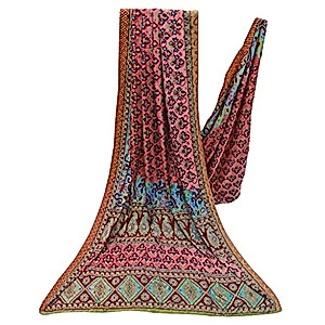 Peegli Women's Vintage Red Floral Saree Indian Crepe Silk Sari 5 Yards DIY Fabric