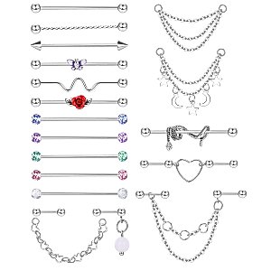 ZELORES 14G Industrial Piercing Jewelry Stainless Steel Industrial Earring for Women Men Snake Chain Dangle Cartilage Helix Piercing Jewelry Industrial Piercing Bar 38MM (Set1)