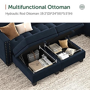 HONBAY Velvet Convertible Sectional Sofa with Storage Ottoman Oversized U Shaped Couch with Reversible Chaise Corner Sectional Sofa, Dark Blue