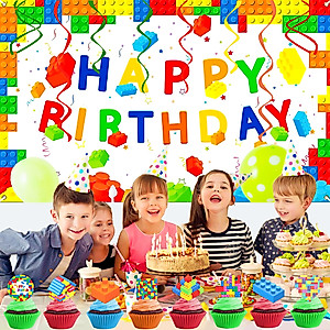 25 PCS Building Blocks Block Theme Happy Themed Birthday Party Cake Topper Cupcake Toppers Favors Supplies Decorations Decor Construction Gifts for Games Boys Girls Kids Baby Shower Rewards Carnival