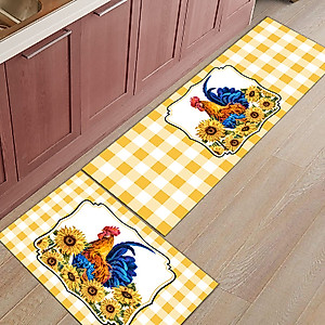 Victories Kitchen Area Rug Pad Set 2 Piece-Non Slip Comfort Cushioned Doormat,Farm Rooster Sunflowers on Buffalo Plaid Yellow Floor Mat Rug Runner Set Kitchen/Living Room/Bedroom Carpet