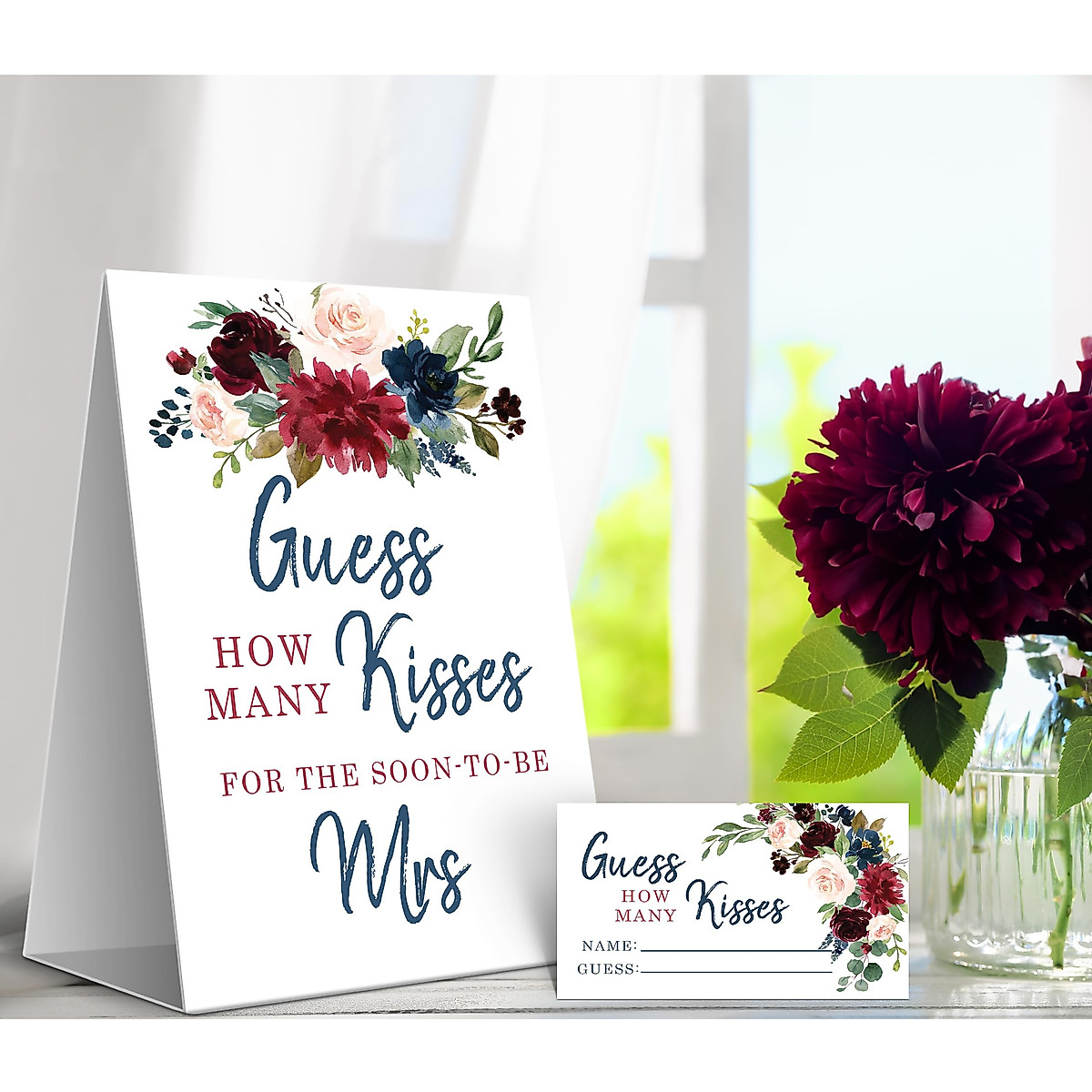 Your Main Event Prints Burgundy and Navy How Many Kisses Game Sign and Cards Great for Bridal Showers and Weddings, Neutral Floral