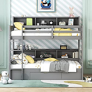 Harper & Bright Designs Bunk Bed Twin Over Twin with Storage,Wood Twin Bunk Beds with Built-in Shelves Beside Both Upper & Down Bed,Multi Storage Bunk Beds with Drawer for Kids Girls Boys, Grey