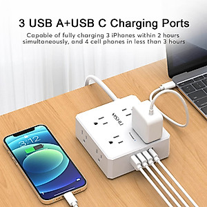 10 Ft Surge Protector Power Strip - 8 Widely Outlets with 4 USB Ports, 3 Side Outlet Extender with 10 Feet Extension Cord, Flat Plug, Wall Mount, Desk USB Charging Station, ETL,White