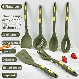Collfa Heavy Duty Kitchen Silicone Cooking Utensils Set Heat Resistant Kitchenware Nonstick Resistant Kitchen Tools For Cooking,With Hooks 7 Pcs Slotted Spoon,Spatula,Stirring Fork,Spoon,Dark Green