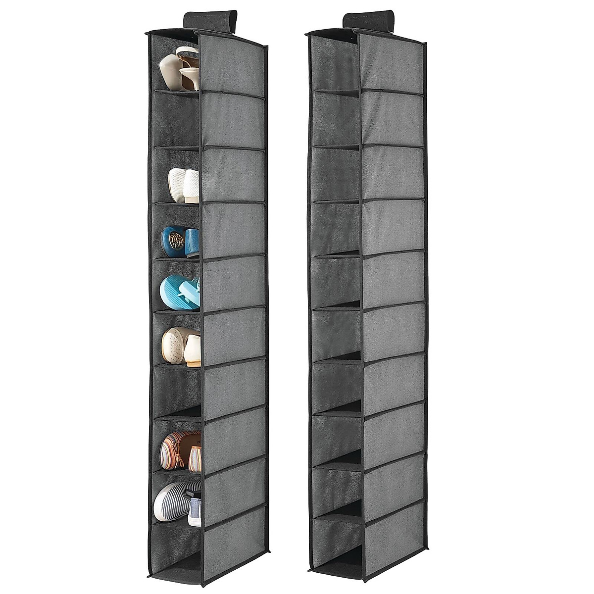 mDesign Soft Fabric Closet Organizer - Holds Shoes, Handbags, Clutches, Accessories - 10 Shelf Over Rod Hanging Storage Unit - Textured Print - 2 Pack - Charcoal Gray/Black