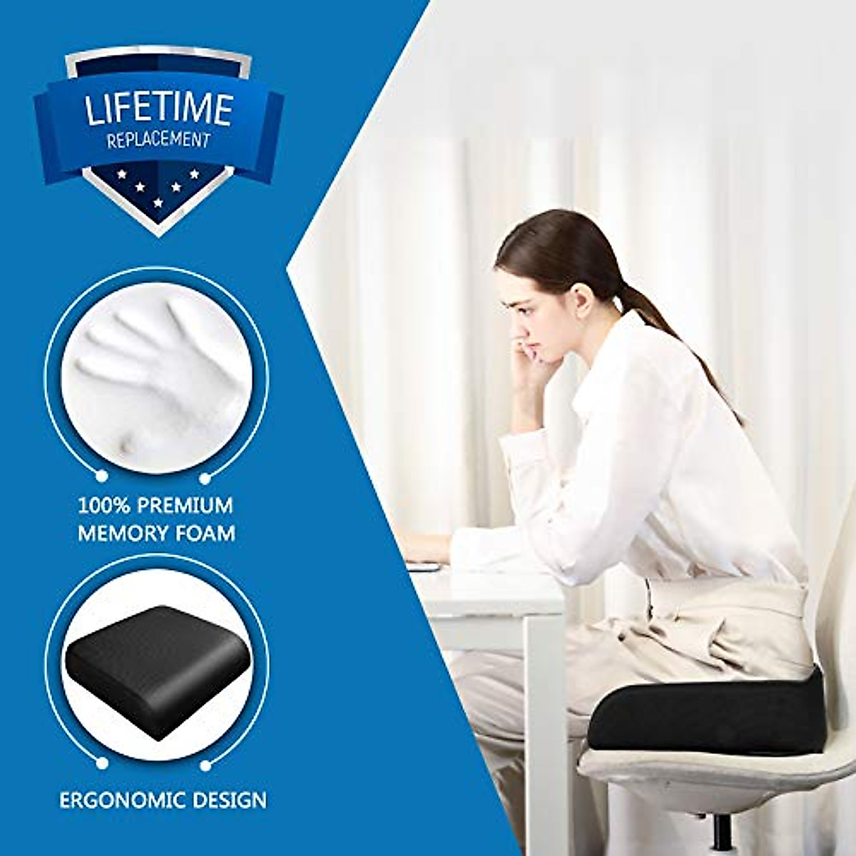 YOUFI Extra Thick Large Seat Cushion -19 X 17.5 X 4 Inch Gel Memory Foam Cushion with Carry Handle Non Slip Bottom - Pain Relief Coccyx Cushion for Wheelchair Office Chair (Black (1PACK))