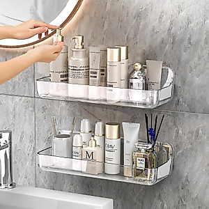 CGBE 2-Pack Acrylic Shower Shelves, Large Capacity Adhesive Shower Shelf, No Drilling Adhesive Bathroom Shelf with Drain Holes,Clear Wall Mount Organizer for Bathroom Storage