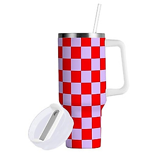 Caikeny Insulated Tumblers with Lid and Straw Checkerboard 30 oz Reusable Stainless Steel Cup Lavender Red Water Bottle Coffee Travel Tumbler Mug for Women Men