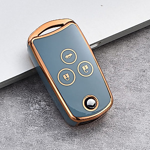 SANRILY Keyless Golden-Edge 3 Button Flip Key Fob Cover for Acura MDX TL TSX ZDX RSX for Honda Civic IX Pilot Accord 8 CRV Jazz HRV Key Case with Leather Keychain Blue