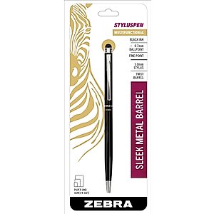ZEBRA PEN 33111 Zebra StylusPen Twist Retractable Ballpoint Pen, Fine Point, 0.7mm, Black Ink, Black Barrel, 1-Count