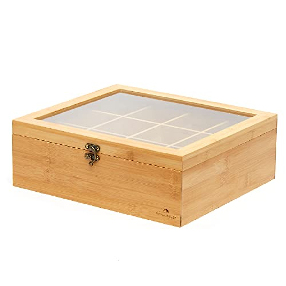 RoyalHouse Big Natural Bamboo Tea Storage Organizer with Clear Acrylic Top Window, 12 Compartments Eco-Friendly Tea Bag Holder, Multi-Functional Storage Box