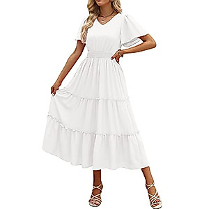 LILLUSORY Womens Midi Dresses 2023 Summer Short Sleeves Flowy Tiered Long Maxi Dress White