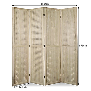 ECOMEX 4 Panel Room Divider, 5.6Ft Pegboard Display Wooden Room Divider Folding Privacy Screen Room Divider Freestanding Peg Board Display for Trade Show Craft Show Home Wall Organizer, Natural Wood