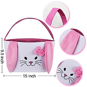 3Pcs Easter Bunny Basket for Kids- Canvas Cotton Carrying Gift and Eggs Hunt Bag, with Long Plush Ear Printed Rabbit Toys Bucket Tote Bags for Girls & Boys (Pink, Purple, Blue)