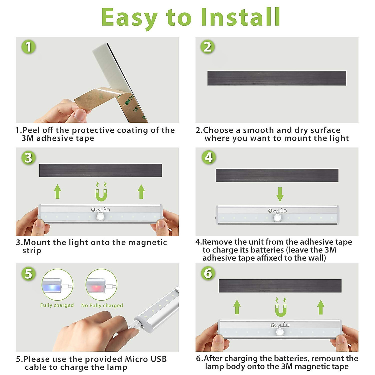 OxyLED Under Cabinet Lights, 10 LED Rechargeable Motion Sensor Closet Lights Indoor, 3 Pack Wireless Magnetic Stick-on Cordless Night Light Bar, Under Counter Lights for Kitchen, Stairs, Hallway