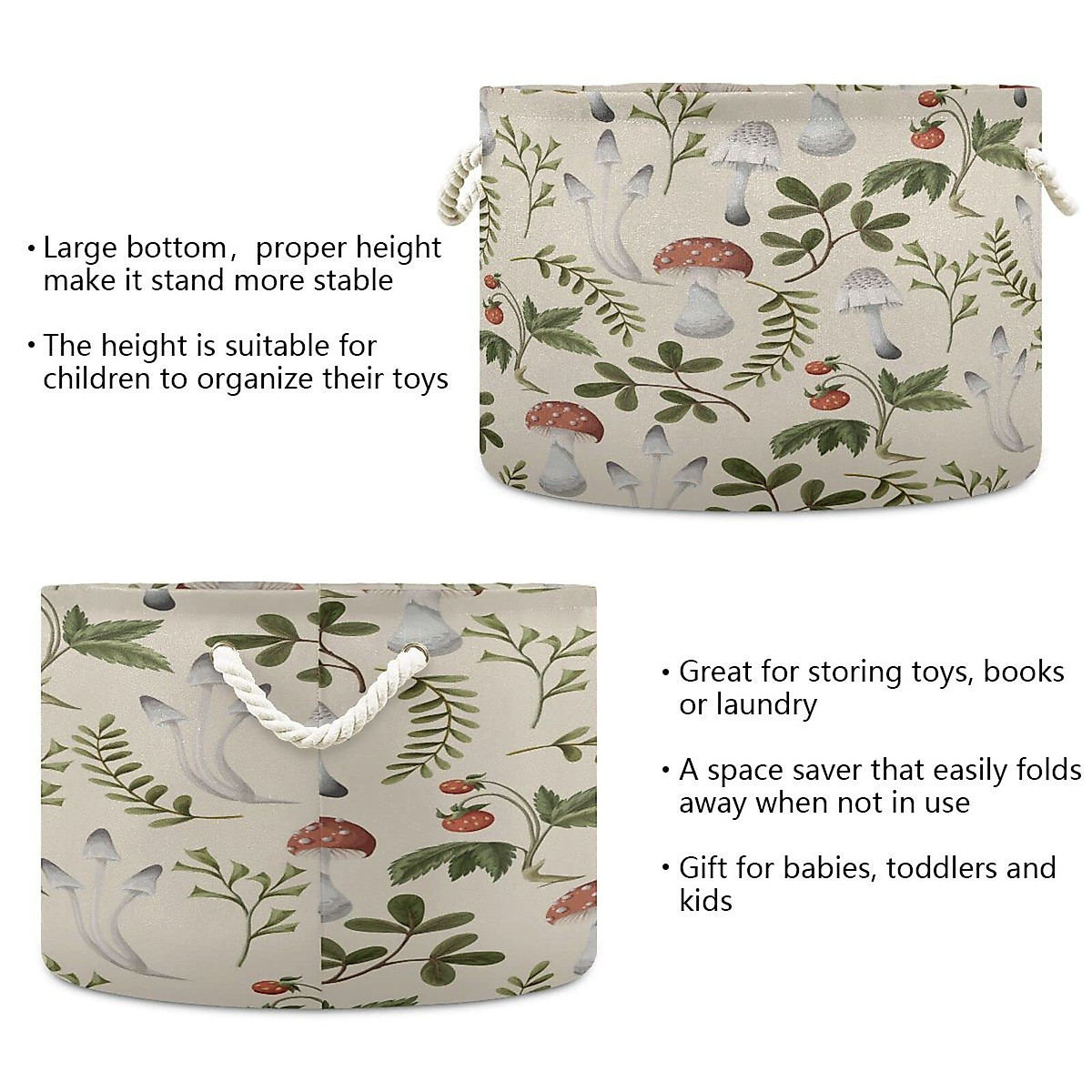 Kigai Cotton Rope Basket Mushroom Pattern Large Storage Basket for Toys Blanket Baby Laundry Basket for Nursery, Closet, Bedroom, Home Organization