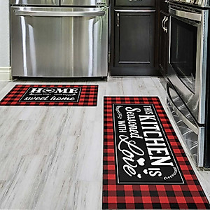 Ideasonna Red Buffalo Plaid Kitchen Rugs Sets of 2 Decor Non-Slip Washable Red Kitchen Mats for Floor 2 Piece