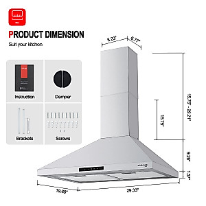 30 inch Range Hood, GASLAND Chef PR30SSN Wall Mount Vent Hood Stainless Steel, Ducted Stove Hood with Sensor Touch Control, Convertible Chimney-Style, LED Lights, Aluminum Mesh Filters