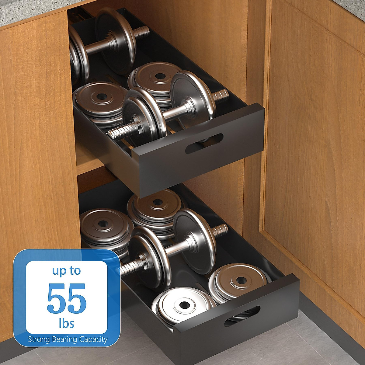 HBL' 1 Pack | 16.9" Deep Pull Out Cabinet Organizer Adhesive, 12-Inch Wide Sturdy Carbon Steel Roll-Out Drawers for Face Frame or Frameless Cabinets, Slide-Out Shelves for Pantry.