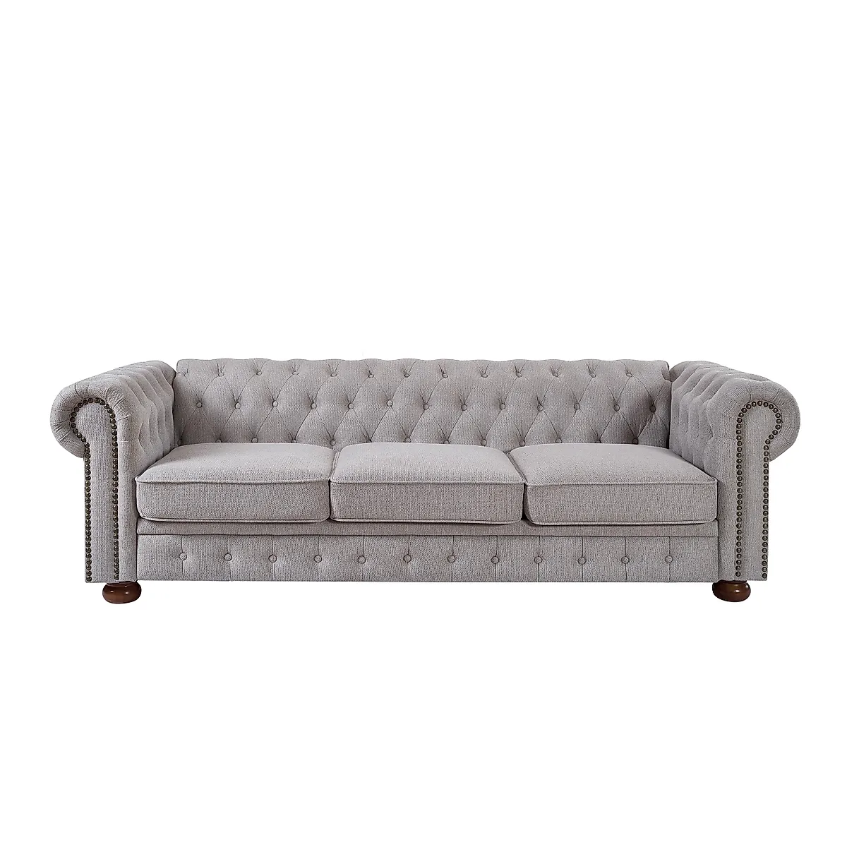 Chesterfield 3 Seater Button Tufted Sofa, Linen Fabric Upholstered Couch with Nailhead Arms Removable Cushions Rubber Wood Legs for Living Room Office Bedroom
