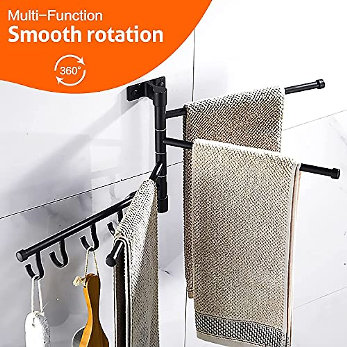 Swivel Towel Rack, 4-Arm Bathroom Wall Mounted Swivel Towel Bars Holder with Hooks Rustproof 180° Rotation Towel Organizer for Bathroom Kitchen