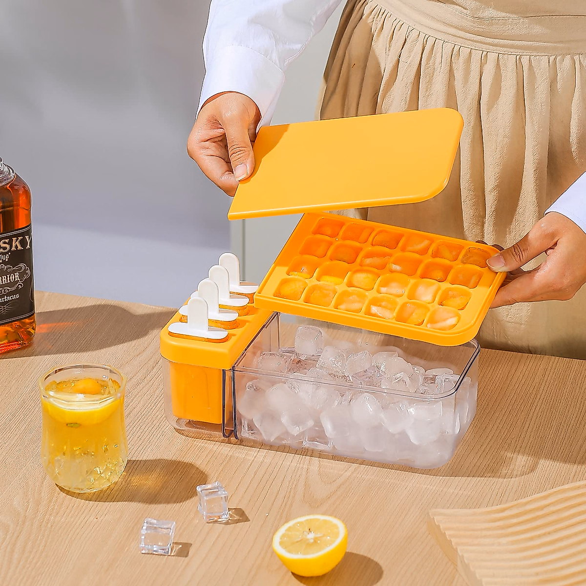 Ice Cube Tray with Lid and Bin for Freezer Container,4 Pcs Popsicle Molds And 24 pcs Ice Cubes Molds for Refrigerator With Easy Release,Spill-Resistant Removable Lid & Ice Scoop for Whiskey,Cocktail