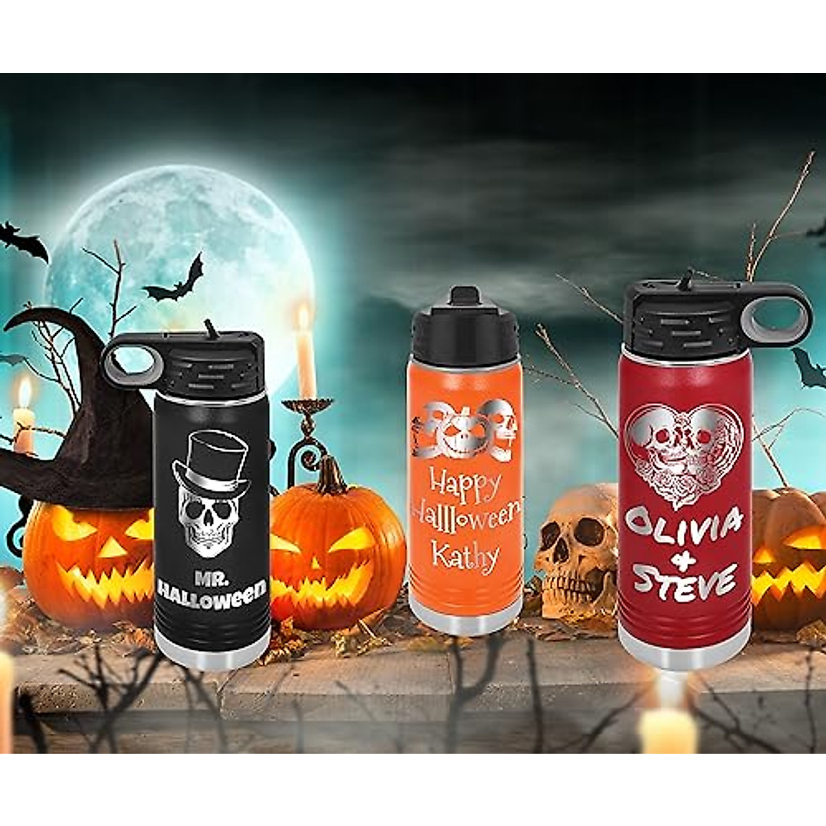 Personalized Water Bottles with Flip-Top Lid and Straw, Customized Engraved Insulated Flask, Custom Stainless Steel Sports Thermos 20 oz., 32 oz., 40 oz (Black)