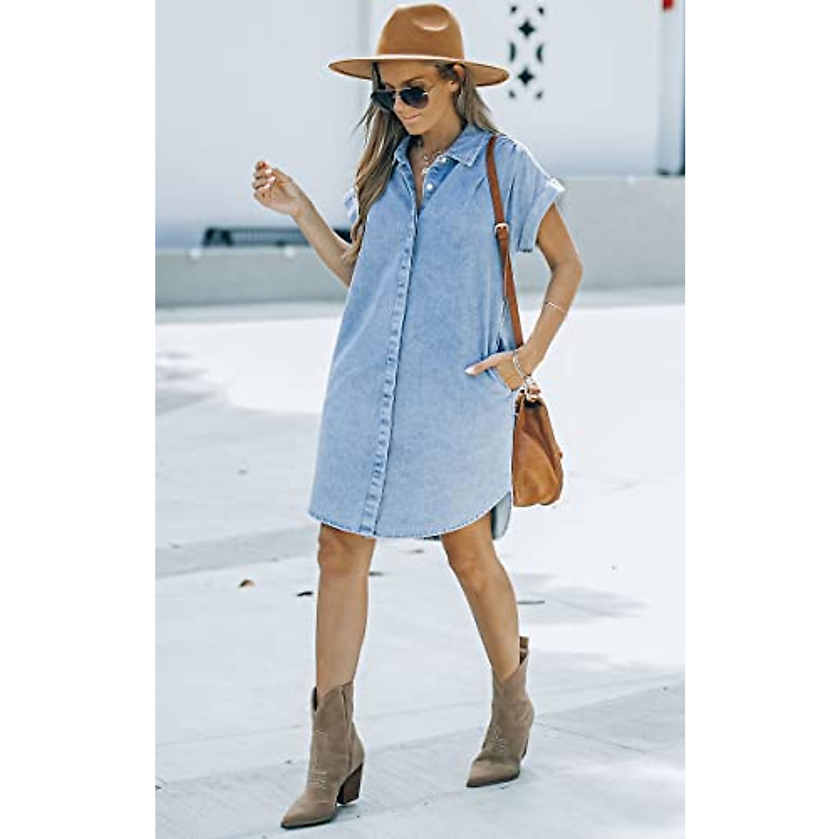 KDF Denim Dress with Pockets for Women Denim Button Down Shirt Jean Dresses for Women 2023 Summer Light Blue Size Small Size 4 Size 6