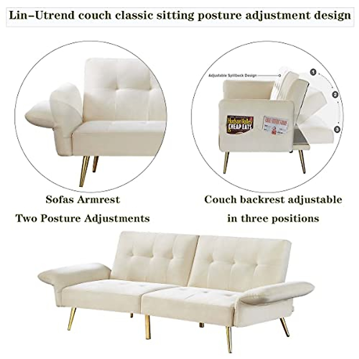 Lin-Utrend 67" Comfortable Velvet Couch，Convertible Sofa Bed, Living Room Sofas with Adjustable backrest and armrest, for Living Room, Apartment, Bedroom, Office, Shop(Beige)
