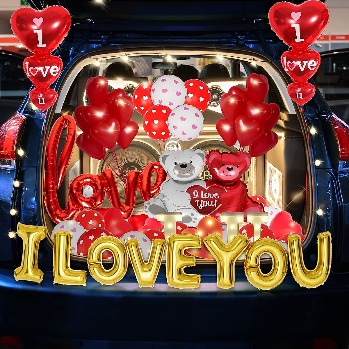 Valentines Day Balloons Decorations I Love You Balloons and Heart Balloons Kit with 1000Pcs Red Silk Rose Petals Flower Decoration Love-Bear Heart Print Balloons Banner for Valentine Party Decorations