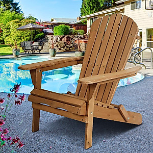 HomeClever Folding Wooden Adirondack Chair Patio Chairs Lounger Weather Resistant Accent Furniture wArms Solid Heavy Duty Modern Lawn for Deck, Backyard, Garden Natural Set of 2