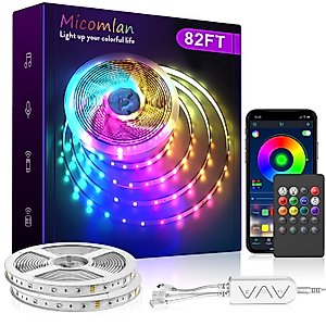 Micomlan 82Ft/25m LED Strip Lights Music Sync Color Changing RGB LED Strip Built-in Mic, Bluetooth APP Controlled LED Lights Rope Lights, 3535 RGB LED Light Strip(APP+Remote+Mic+Music)