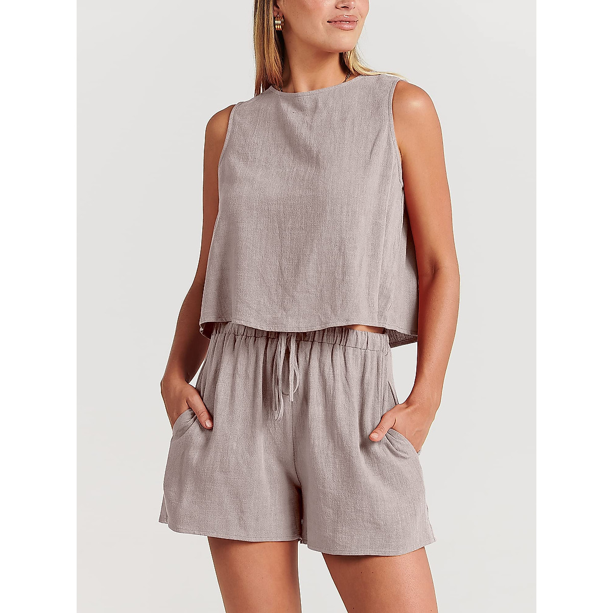 ANRABESS Women 2 Two Piece Outfits Lounge Matching Sets Linen Shorts Boho Aesthetic Clothes Sleeveless Tops 2023 Summer Outfits Vacation Beach 806yinhui-M, Light Grey