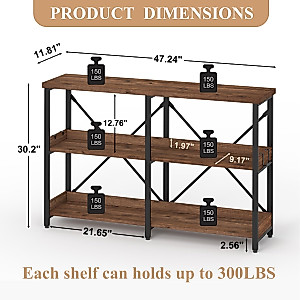 BON AUGURE Rustic Console Table with Shelves and Industrial Bookshelf Etagere, Wood and Metal Furniture Set for Living Room, Bedroom, Kitchen, Home Office (Rustic Oak)