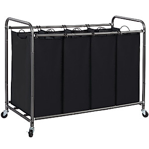 STORAGE MANIAC Laundry Sorter 4 Section, Hamper with Wheels and Removable Bags, Black