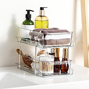 2 Tier Clear Organizer with Dividers, Multi-Purpose Slide-Out Storage Container, Bathroom Vanity Counter Organizing Tray, Under Sink Closet Organization, Kitchen Pantry Medicine Cabniet Storage Bins