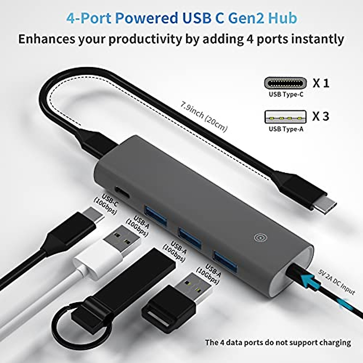 USB 3.2/3.1 Gen 2 Hub, 4-Port Powered USB Gen 2 Hub (USB-C to USB-A x3 & USB-C), Aluminum 10Gbps SuperSpeed USB-C Data Hub for Mac/Laptop/PC, Compact USB Splitter