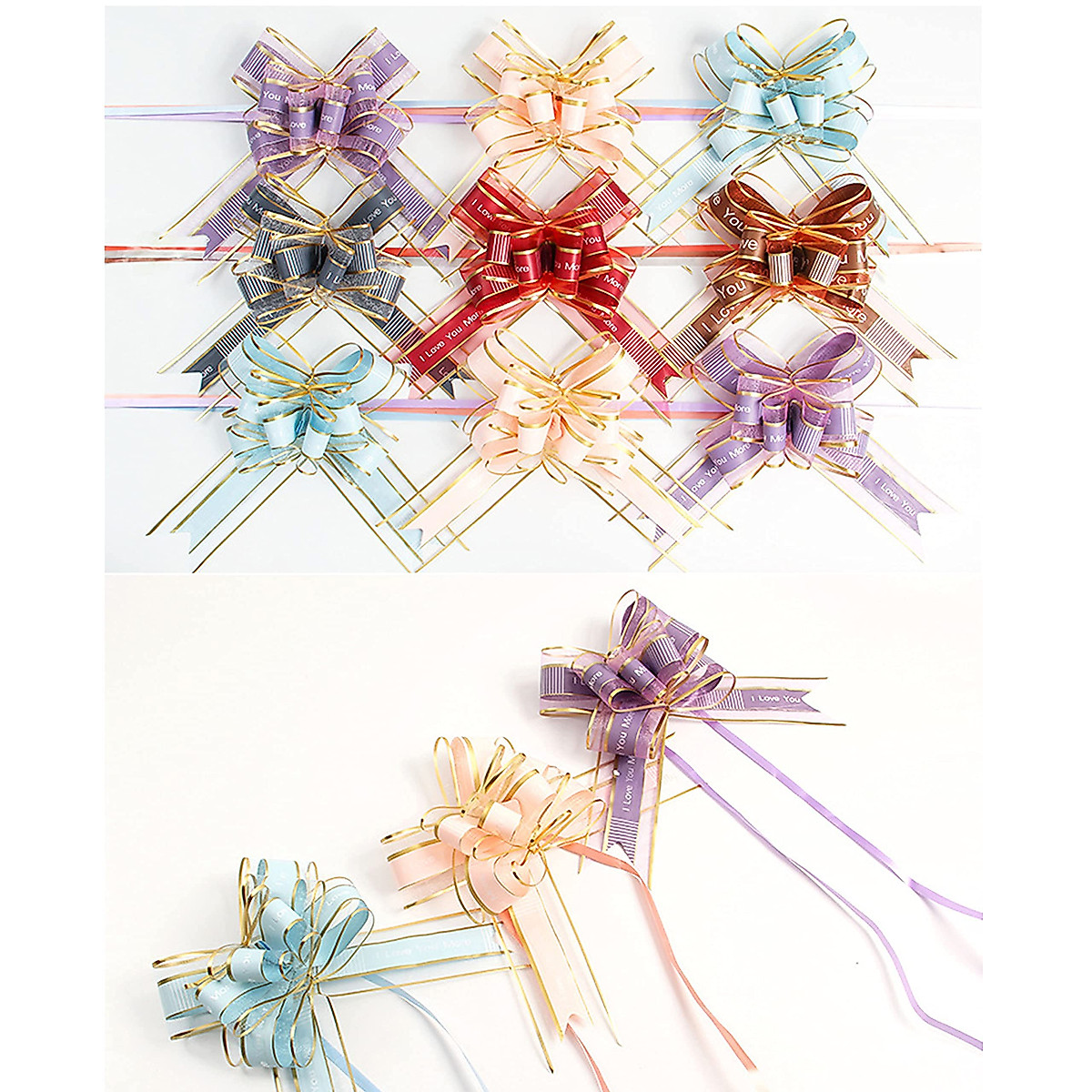 10 Pcs 6" Large, Wedding Pull Bow Organza Striped Ribbon String, Pull Bows, String Bows, Basket Pull Bows, Wedding Party Bridal Giftwrap Wrapping Bows -Pink