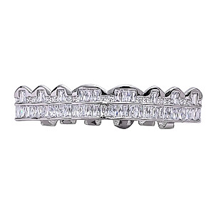 LKV Silver Teeth Grillz for Men and Women, Hip Hop Iced Out Diamond Mouth Grills for Your Teeth Top & Bottom, Rapper Costume Teeth Grillz with Extra Molding Bars