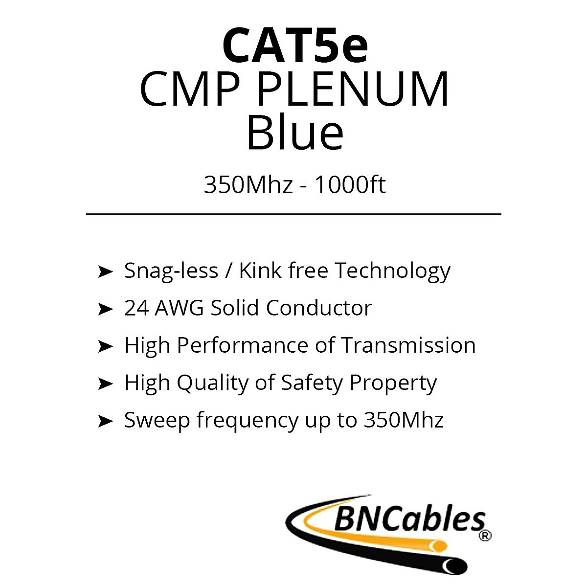 CAT5e (CMP) Plenum Cable, 1000FT | 24AWG 4Pair, 350MHz Solid Network Cable Unshielded Twisted Pair (UTP), Available in Blue, White, Gray & Black Color