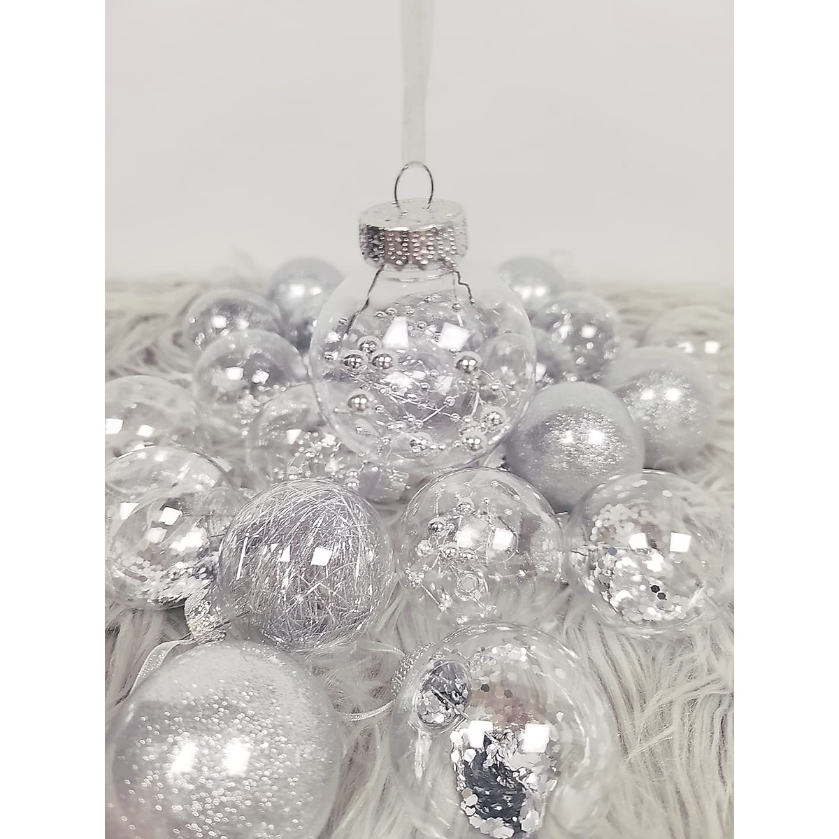 24ct 60mm/2.36" Glitter Christmas Balls Ornaments Shatterproof Clear Plastic Fillable Sphere Balls Ornaments for Xmas Tree Home Decoration (Silver)