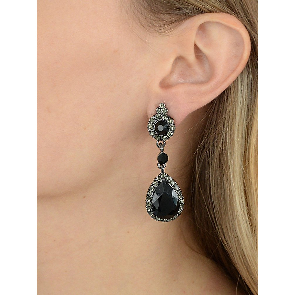 Mariell Black Crystal Teardrop Dangle Clip-On Earrings, Jewlery for Brides, Bridesmaids, Prom and Wedding