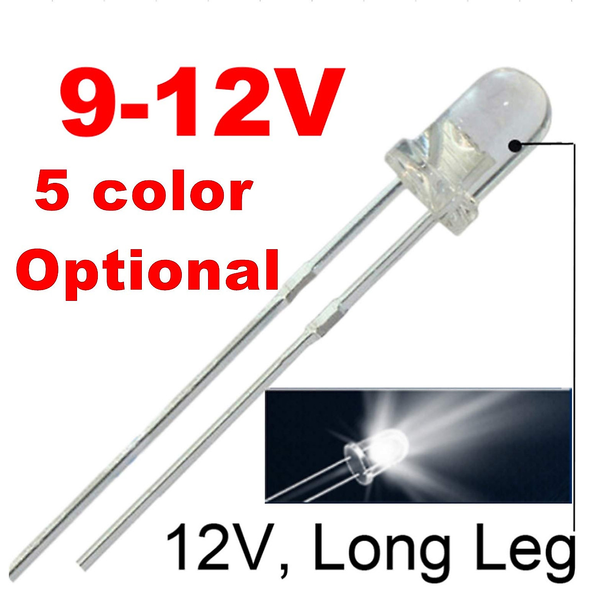 50pcs 12V 3mm White LED 9V Gauge Cluster Instrument Light Emitting diodes(White Blue Green Yellow red, Optional in Listing) 0.06 watts