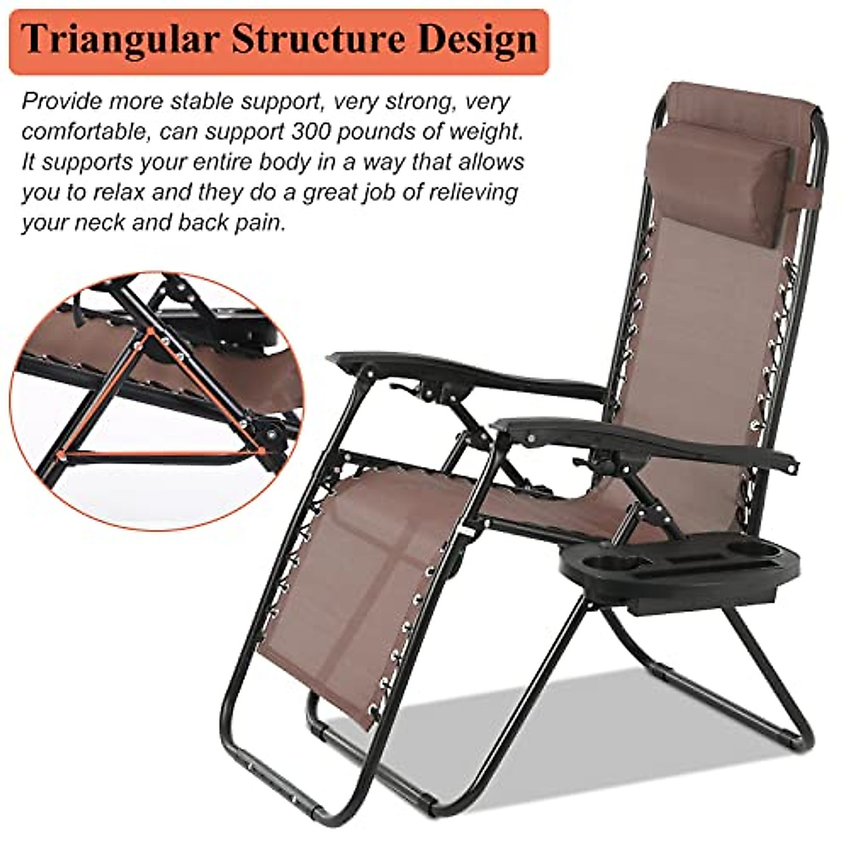 Pazidom Zero Gravity Chair Folding Lounge Chair Lawn Chair Adjustable Camping Reclining Chair with Pillow and Cup Holder Trays, Folding Chair Outdoor Chair - Breatheable & Tear-Resistant Mesh, Brown