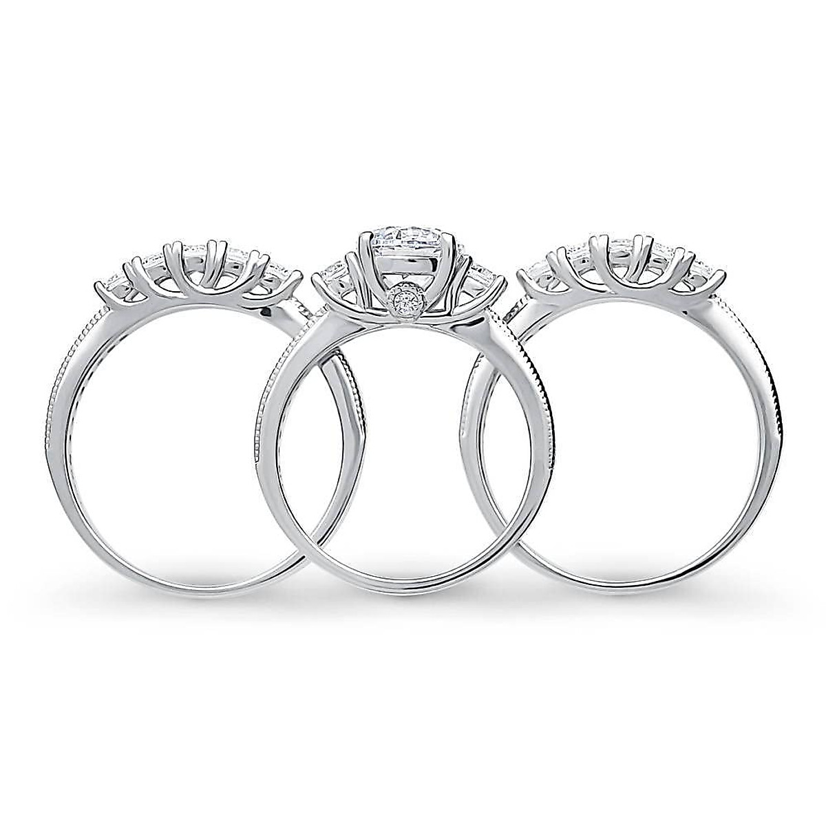 BERRICLE Sterling Silver 3-Stone Wedding Engagement Rings Round Cubic Zirconia CZ Ring Set for Women, Rhodium Plated Size 8.5