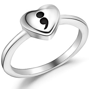 Jude Jewelers Stainless Steel Heart Shape Inspirational Mantra Semicolon Statement Cocktail Party Ring (Silver, 6)